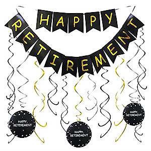 Retirement Party Decorations for Men Women Black Gold Happy Retirement Banner Hanging Swirls Kit for Retirement Party Decor Supplies