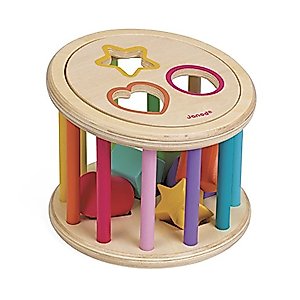 Janod I Wood – Shape Sorter Drum – Classic Colorful 6 Piece Shape Sorter with Magnetic Lid – Ages 18 Months+ Mixed J05336
