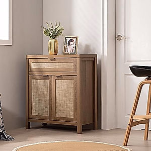 SICOTAS Sideboard Buffet Cabinet Set of 2, Rattan Credenza Storage Cabinet, Boho Buffet Table Console with Drawer, Farmhouse Coffee Bar Cabinet for Entryway Living Dining Room, Natural Oak