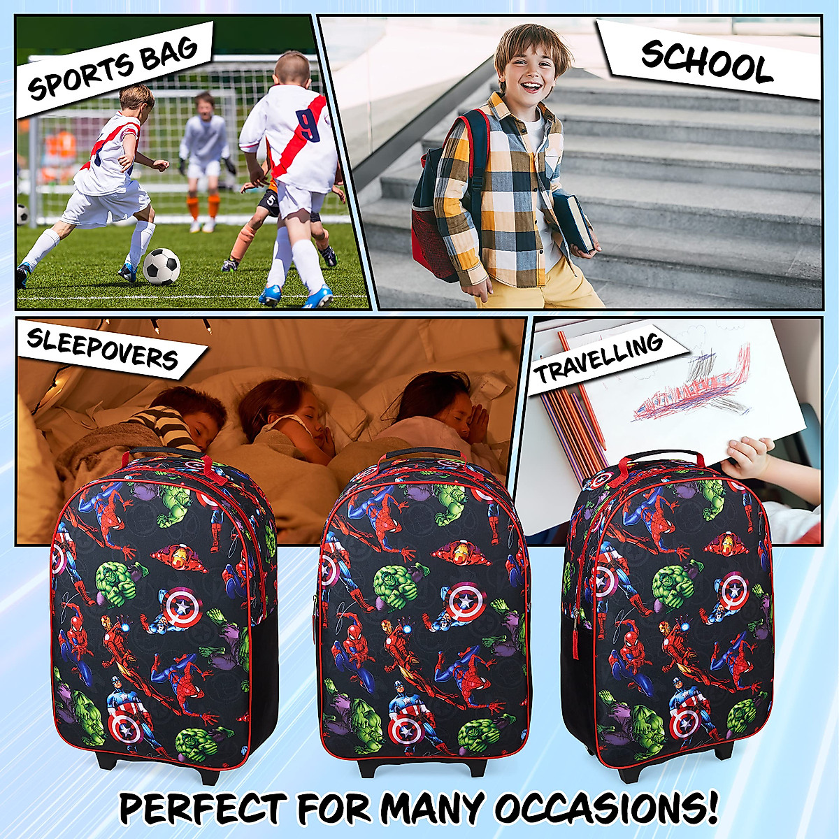 Marvel Kids Suitcase for Boys Foldable Trolley Hand Luggage Bag Carry On Avengers Travel Bag with Wheels Cabin Bag Wheeled Bag with Handle Spiderman Trolley Suitcase Boys (Multicolor Avengers)