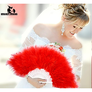 FANSOF.FANS Marabou Feather Hand Fan 45cm, Fancy Dress Wedding Party Favour Gift Outdoor Vintage Dance Photoshoot (Red)