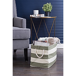 DII Durable Woven Striped Storage Bin Collapsible with Soft Rope Handles Reinforced with Metal Grommets, Large, 17x12x12", Olive Green