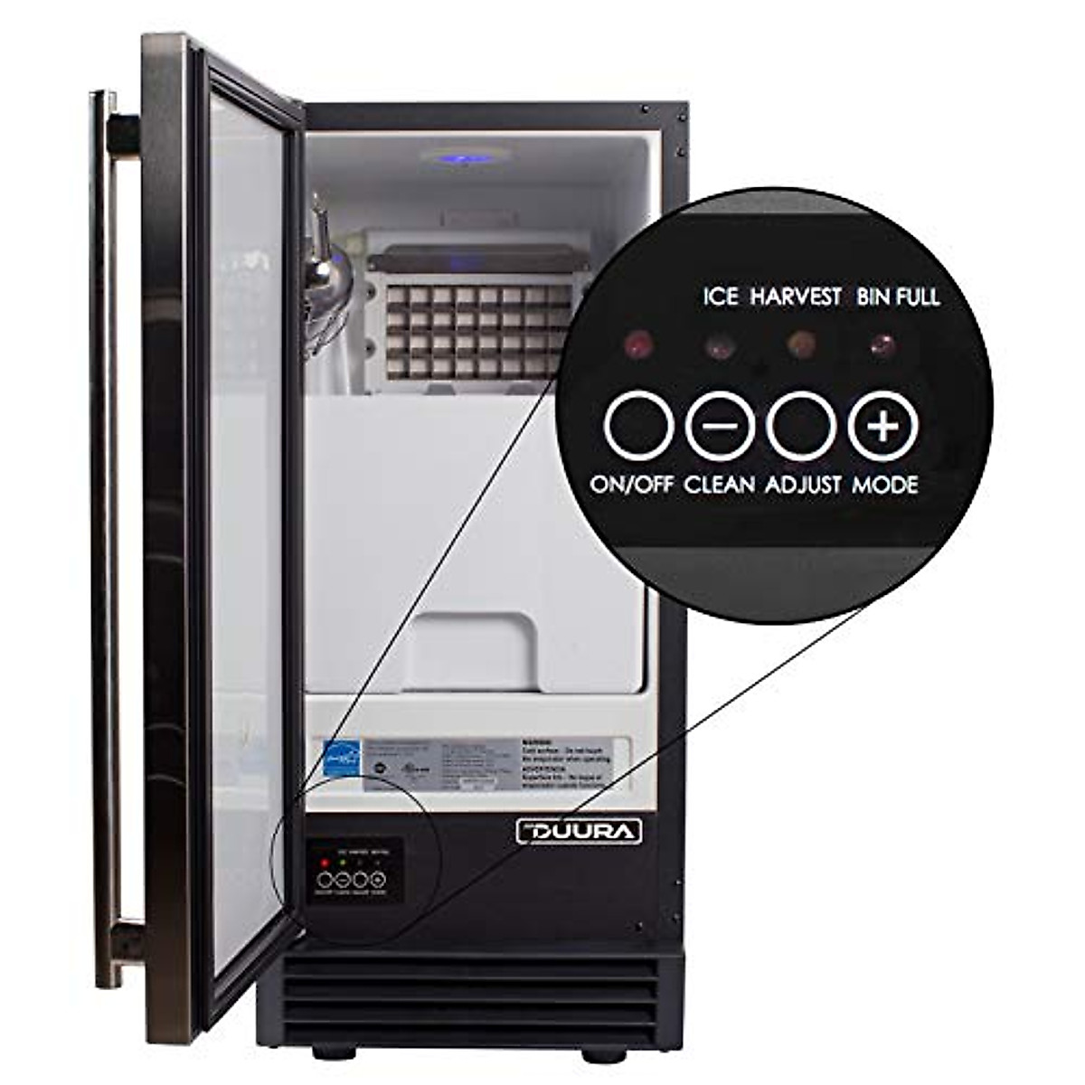 DUURA DI50P 65Lb Premium Clear Ice Cube Maker Machine with Drain Pump Blue LED and Energy Star Built-In Undercounter or Freestanding Household Residential or Commercial Use, 15 Inch Wide, Silver