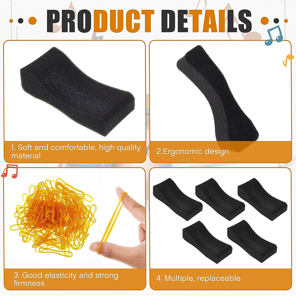 5 Pcs Violin Shoulder Rest Soft Foam Violin Shoulder Pad Violin Shoulder Pillow Violin Shoulder Chin Rests with 100 Yellow Rubber Bands for Violin Party Wed ding Concerts, 3/4-1/2