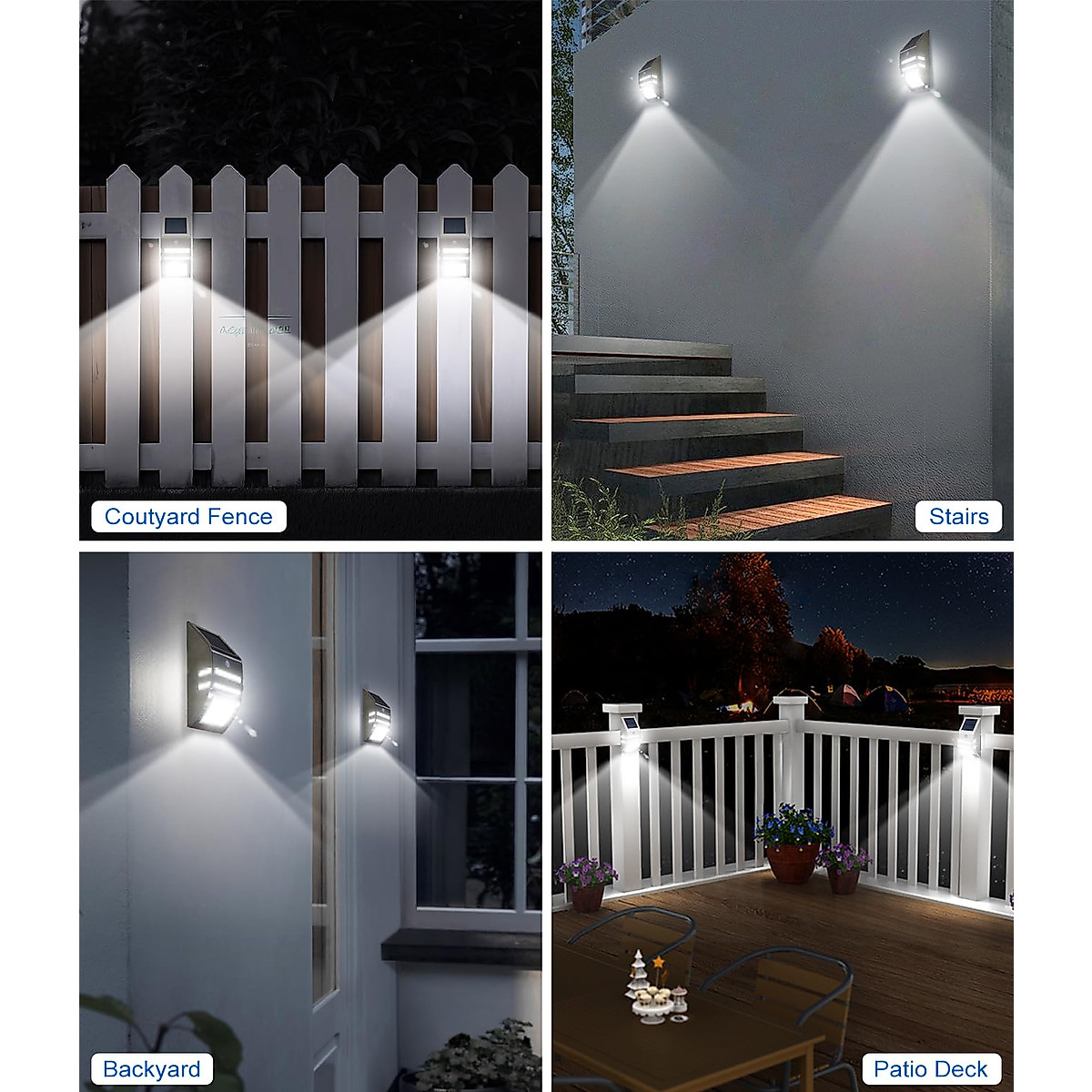 Roopure Solar Fence Light 8 Pack Bundle, Solar Motion Lights Cool White Lighting & Solar Wall Light Outdoor Up and Down Warm Lighting Security and Decorative for Yard Fence Deck Step Wall Porch Garden