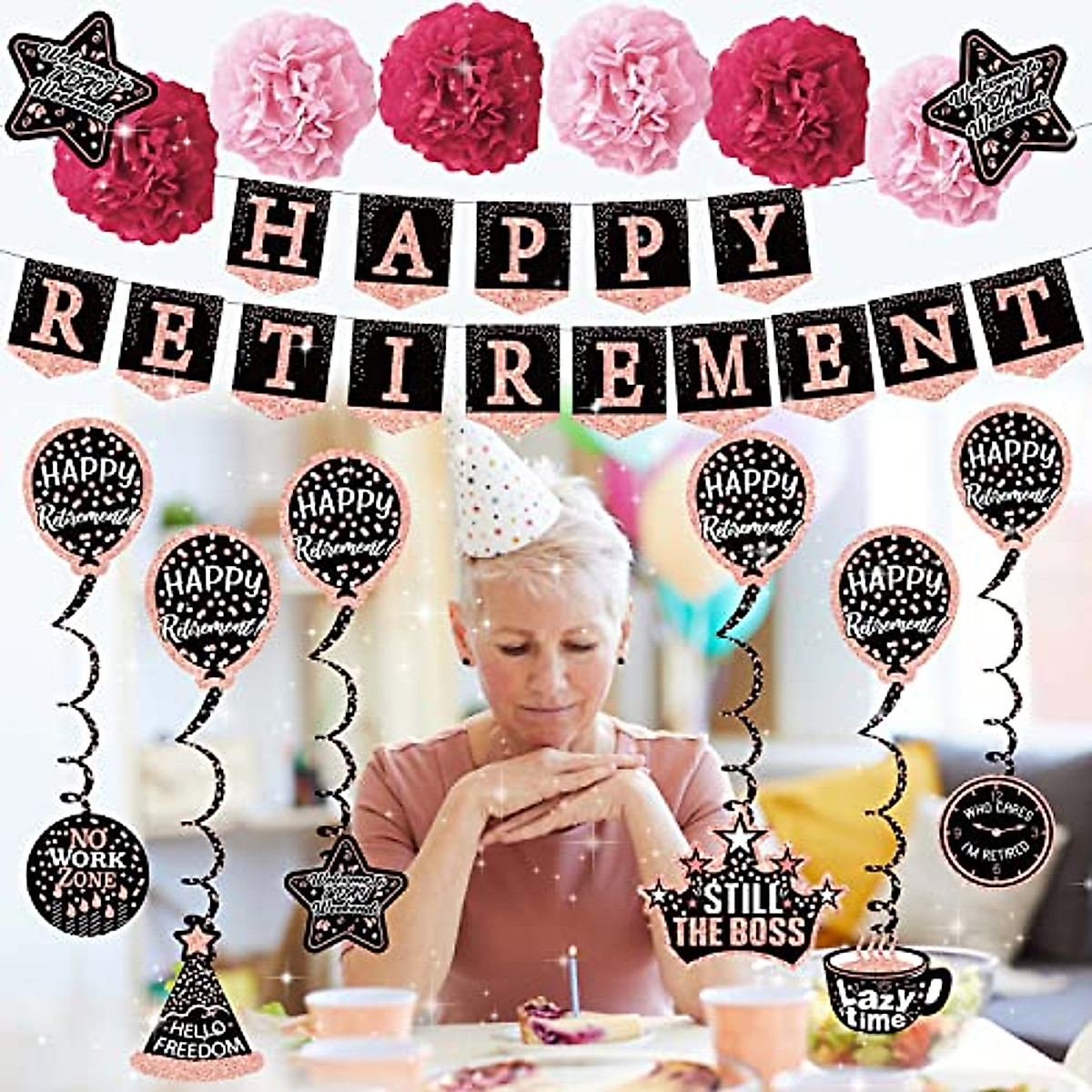 retirement party decorations banner gifts - (22pack) happy retirement rose gold banner, 6 paper Poms, 6 Hanging Swirl, 7 decorations stickers.retirement sash for women