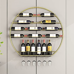 Gold Round Wall-Mounte Wine Rack ， Bar Restaurant Kitchen Wine Bottle Storage Shelf ，Hanging Wine Glass Holder Suspended Stemware Floating Organizer Shelves