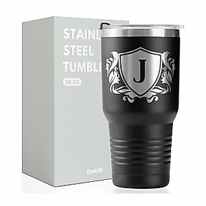 Onebttl Personalized Gifts for Men with Initial J, Monogrammed Travel Tumbler for Him, Custom Coffee Cups, Unique Birthday Christmas Gifts for Men who Have Everything, Black, 30oz