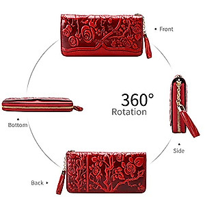 PIJUSHI Genuine Leather Wallets for Women Designer Floral Wristlet Wallet Ladies Clutch Purse with Tassel (20098 Red)