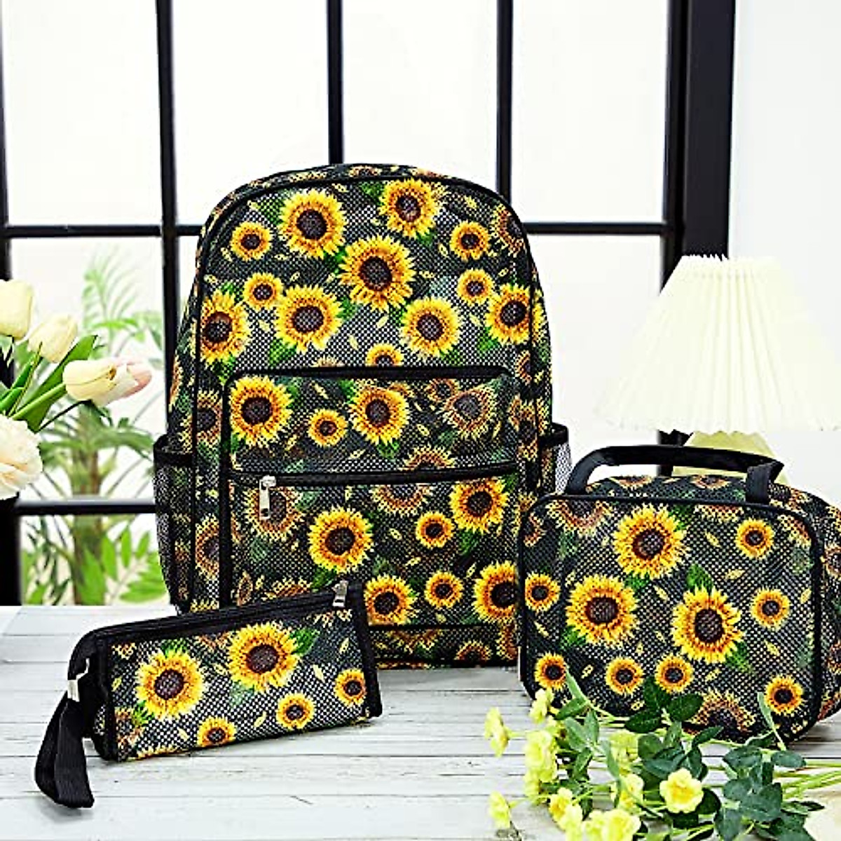 Silkfly Sunflower Mesh Backpack Cow Semi Transparent Sackpack School Bags for Girls with Cow Sunflower Lunch Bag and Pencil Case See Through Beach Bag Mesh (Sunflower Style)