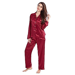 Tony & Candice Women's Classic Satin Pajama Set Sleepwear Loungewear (Large, Burgundy with Black Piping)