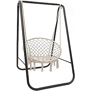SENADA Swing Chair with Stand, Handwoven Rope Swing Hammock Chair, Heavy Duty Hammock Stand Max Load 360lbs, Garden Indoor Outdoor Hanging Chair Stand Included Set (White)