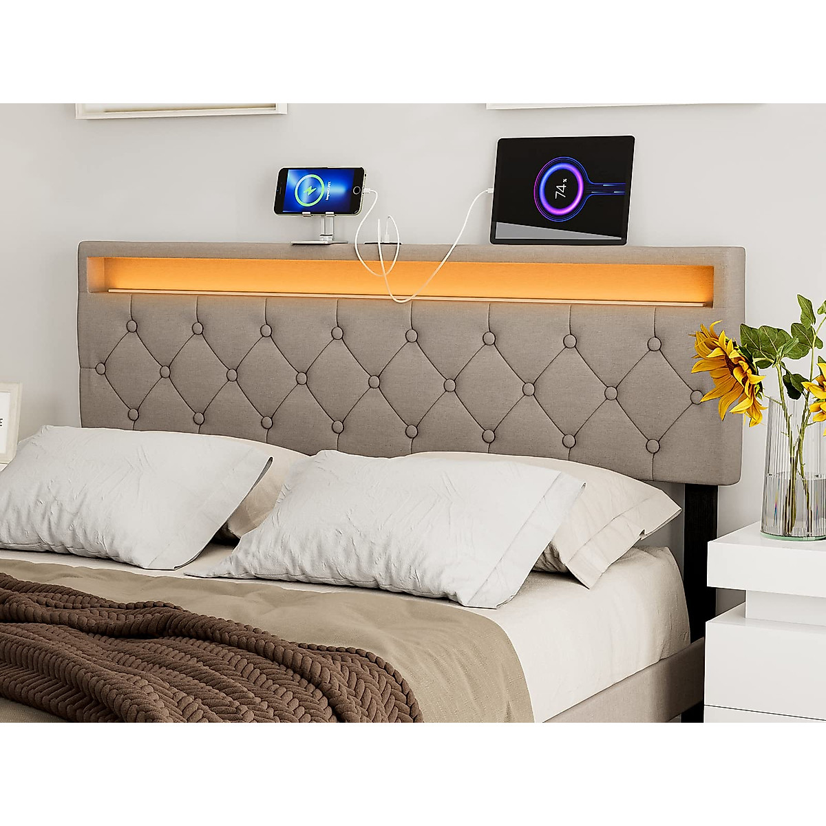 IKIFLY Upholstered Queen Size Headboard with LED Lights & 2 USB Ports - Adjustable Height - Button Tufted Linen Fabric Padded Headboard, Easy Assembly, Queen Headboard Only for Bedroom - Light Brown