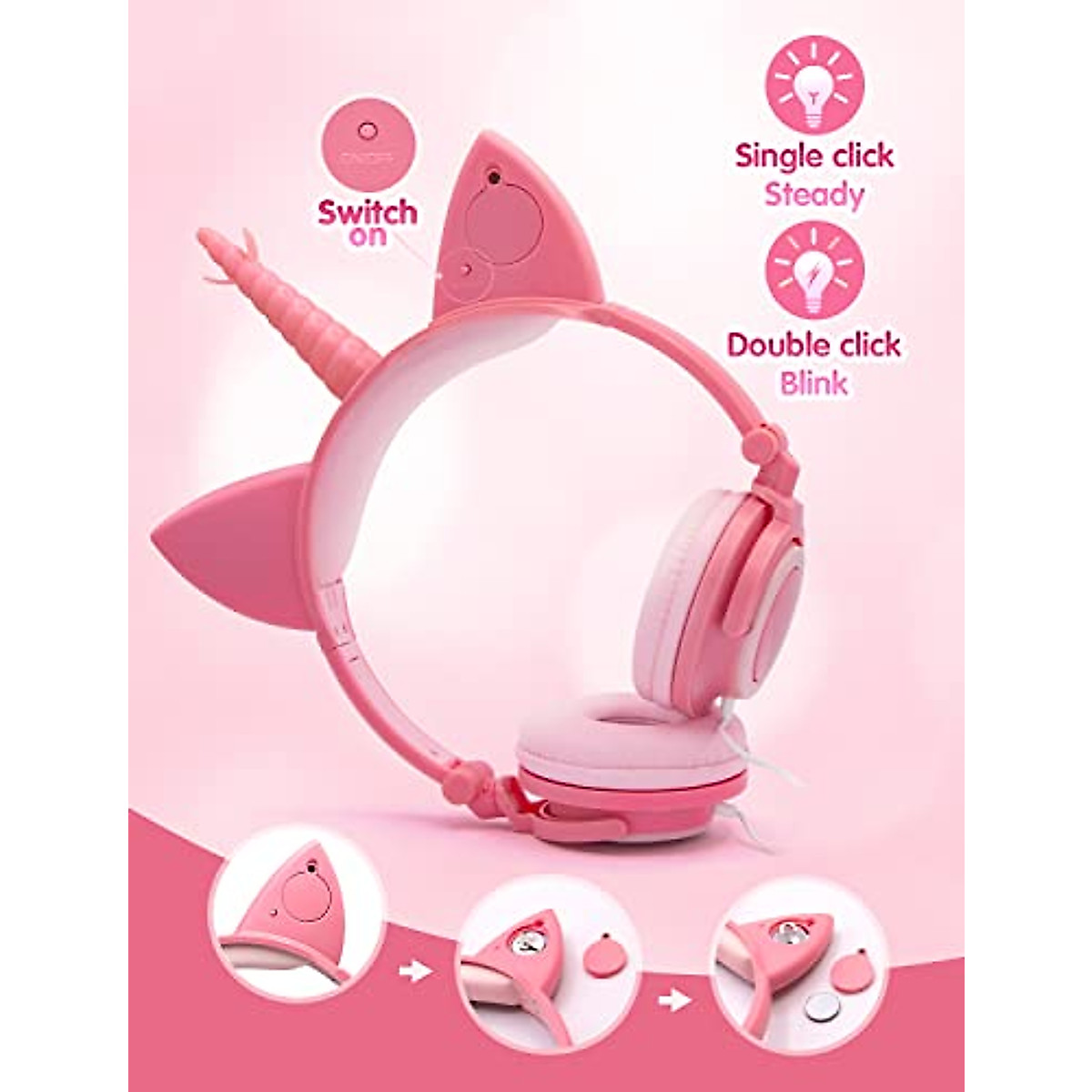 ONTA Unicorn Kids Headphones, Cat Ear LED Light Up Foldable Earphone Wired Over On Ear for Girls Boys,Kids Headband Toddler Tablet for School Supply/Travel/Holiday/Birthday/Cosplay Gifts(Peach)