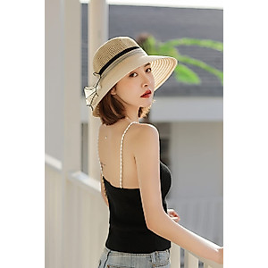 Women Kentucky Organza Derby Hat - Bridal Wedding Church Tea Party Wide Brim Summer Sun Cap Beige