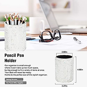 KEYPOWER Bling Crystal Luxury Handmade Diamond Pencil Pen Pot Holder & Stapler & Card Holder & Desktop Tape Dispenser Office Stationery Kit for Fashion Girls Women (White Round)