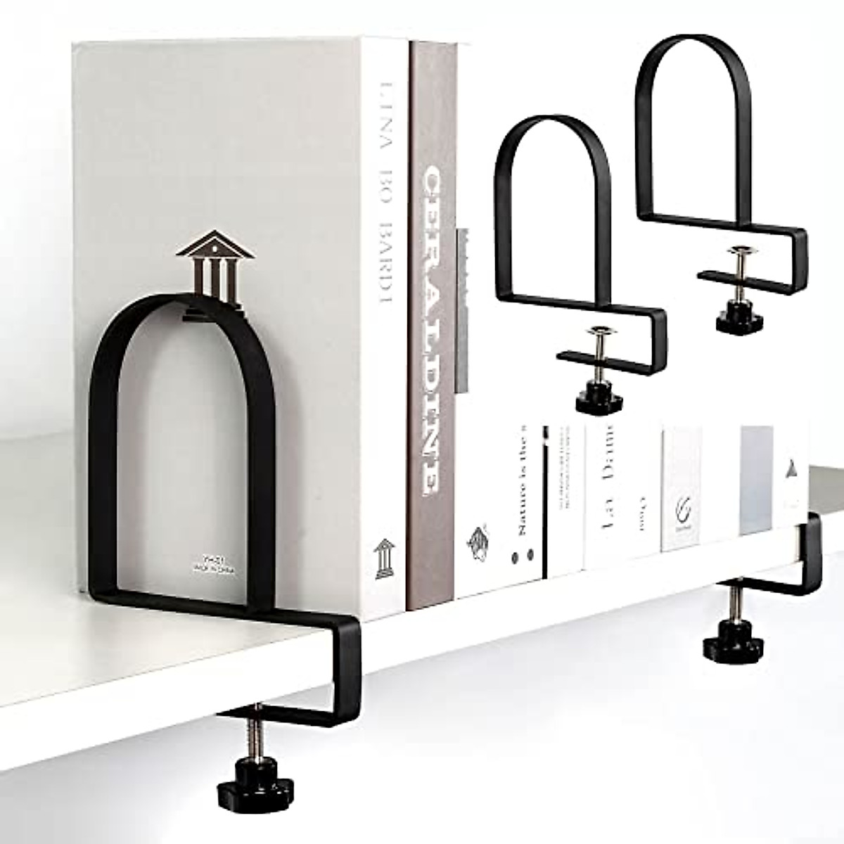 Adjustable Book Ends for Shelves (Metal/Black) Heavy-Duty Clamped Metal Bookends Book Shelf Holders for Home Office, Non-Skid Bookends Stoppers Supports Organizer