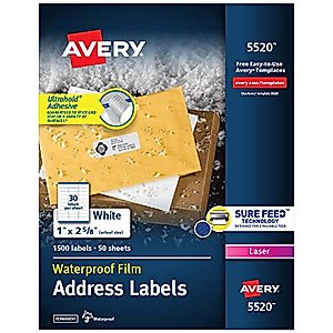 Avery Waterproof Address Labels with Sure Feed & TrueBlock 1" x 2-5/8", 1,500 White Laser Labels (5520)