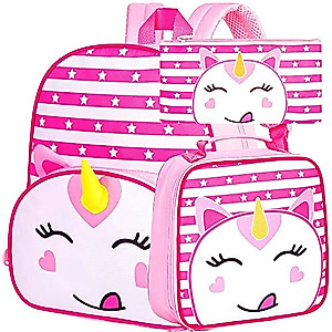 ZLYERT 3PCS Toddler Backpack for Girls, 12" Unicorn Preschool Bookbag with Lunch Box, Cute Animal Kids Kindergarten Schoolbag - Pink