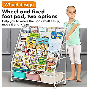 yazi Kids Bookshelves with Toy Storage Organizer, Large 35inx38in 6 Tier Metal Kids Bookcases with 3 Storage Boxes Organizer Shelf in Nursery, Playroom, Study Room,Nursery for Preschooler Children