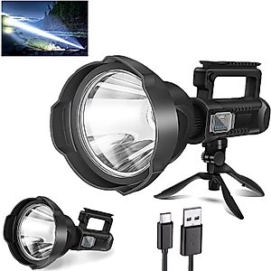 Rechargeable Spotlight, 3,000,000 Lumens Led Spot Lights Outdoor Handheld Super Bright Powerful Long Range Flashlight with 4 Modes, Tripod, USB C, IPX5 Waterproof for Fishing Boating Camping