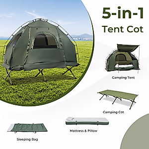 GYMAX Tent Cot, 5-in-1 Folding Camping Cot with Mattress & Pillows, Sleeping Bags, Sunshade, Camping Tent Elevated with Carrying Bag for Outdoor Hiking, Fishing, Picnic (2-Person-Original)