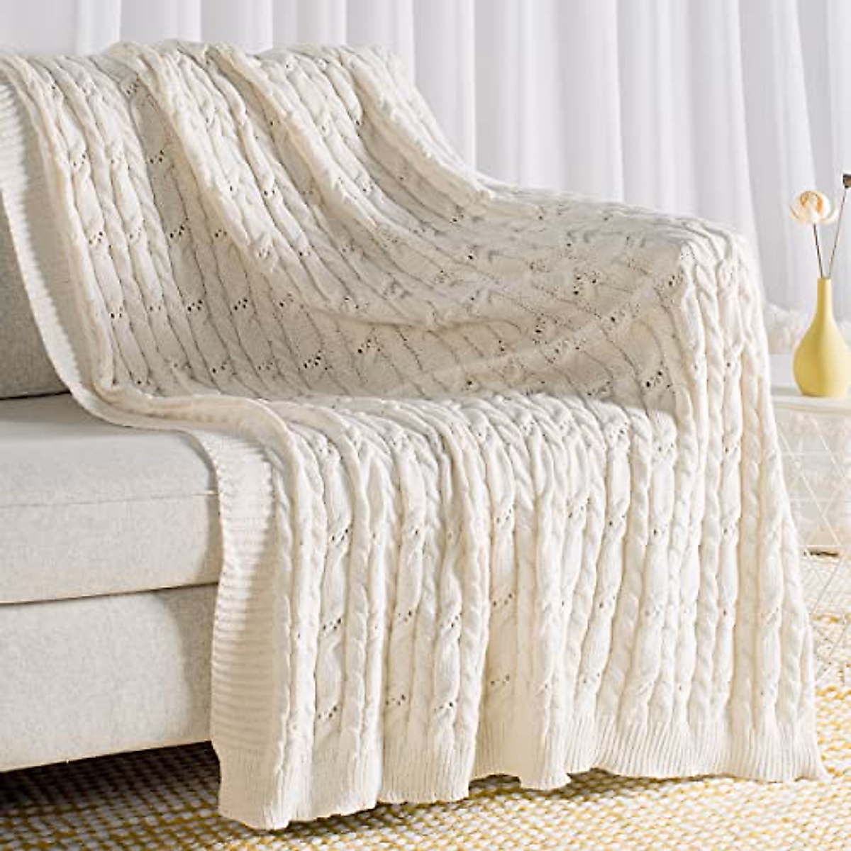 Carriediosa Cable Knit Throw Blanket for Couch Soft Knit Woven Chenille Blankets for Chair Warm and Cozy Lightweight Farmhouse Decorative Throws for Bed and Sofa, 60" X 80" Twin Size Cream White
