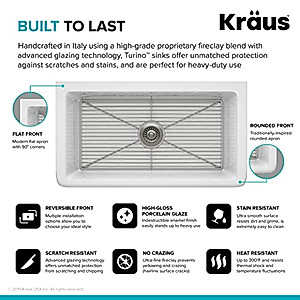 Kraus KFR1-33GWH Turino 33-inch Fireclay Farmhouse Apron Reversible Single Bowl Kitchen Sink with Bottom Grid in, White Color