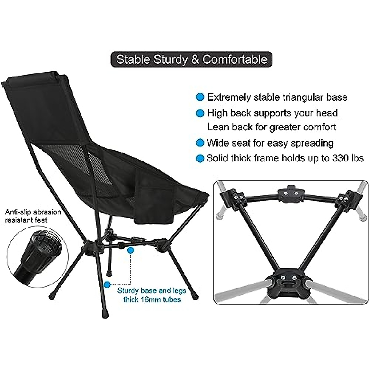 MARCHWAY Lightweight Folding High Back Camping Chair with Head Support, Stable Portable Compact for Outdoor Camp, Travel, Beach, Picnic, Festival, Hiking, Backpacking (Black)
