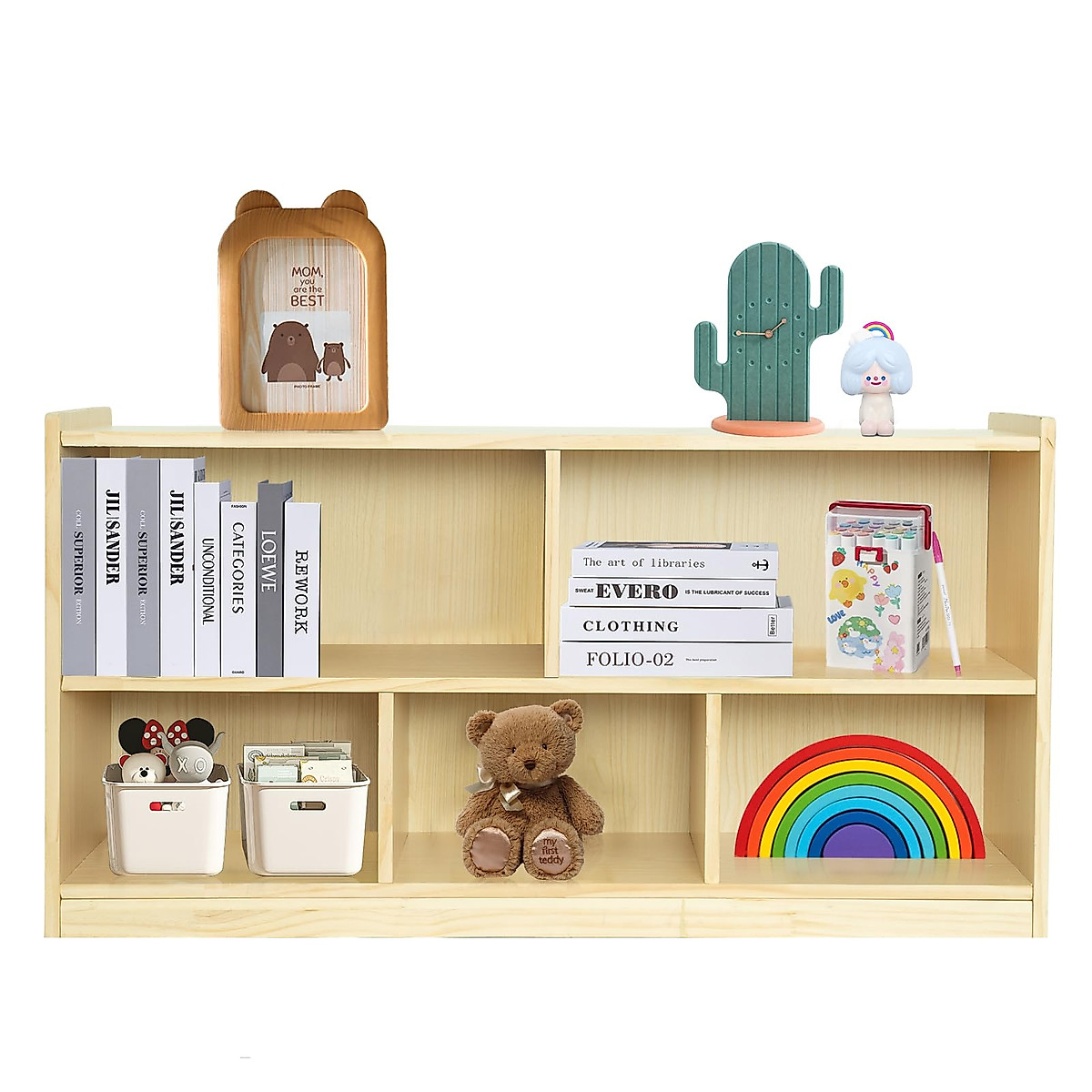 KOALA DIARY 2-Shelf Toddler Solid Wood Storage Cabinet, 5-Section Montessori Shelf Toy Organizers,Natural Kids Furniture，Classroom, Playroom, Daycare and Preschool Bookshelves Kinder Garden，Nursery
