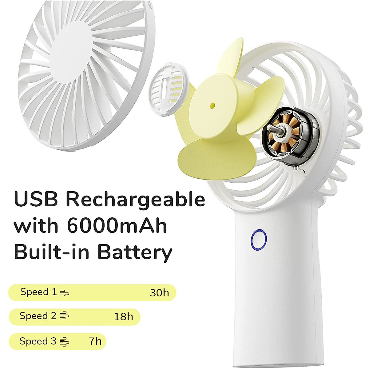 JISULIFE Handheld Fan with 30 Hours of Cooling, 6000mAh Battery, USB Rechargeable Portable Fan for Travel, Makeup, Concerts & Commute – Stay Cool Everywhere (White)