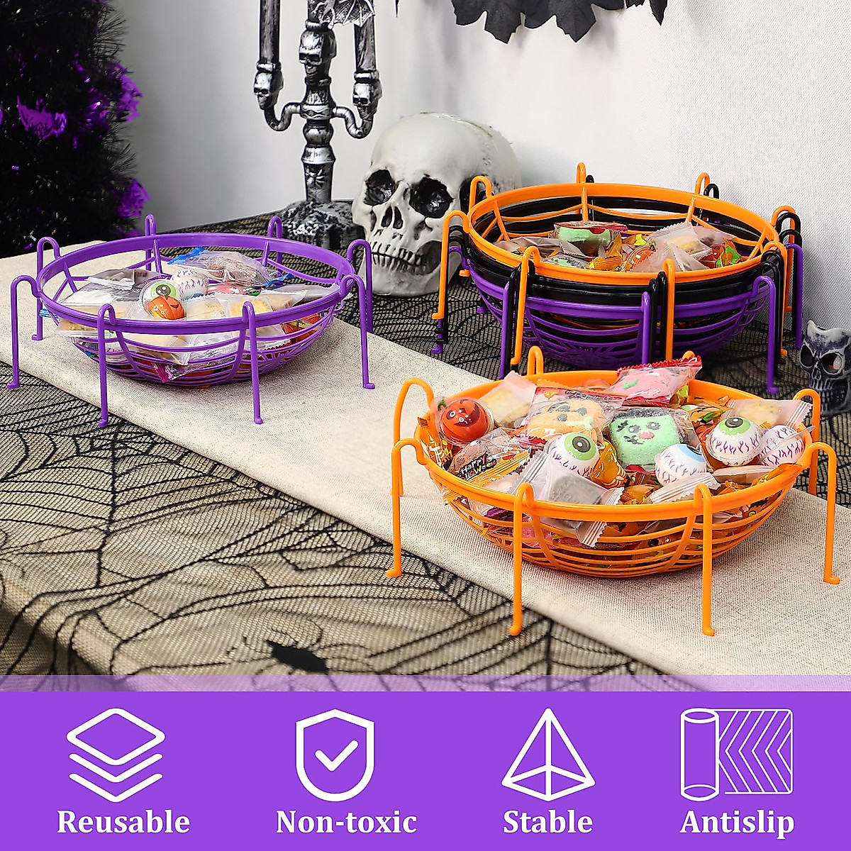 TURNMEON 6 Pcs 12.2 Inch Large Size Halloween Candy Bowls, Spider Web Bowls Halloween Decorations Black Orange Purple Halloween Bowls Trick Or Treat Halloween Candy Dish Party Table Desk Home Decor
