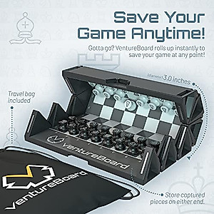 VENTUREBOARD 6 Inches Magnetic Unique Chess Set Board Game - 2 Extra Queens - Folding Board, Portable Travel Chess Board Game Pieces - Black/Grey