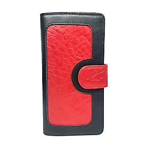 Leather Book LW-1804 Red Crocodile Ladies Wallet|10 card slots|1 card window|4 slide pockets|1 zip pocket | Black Cowhide & Red cowhide Crocodile Print Leather