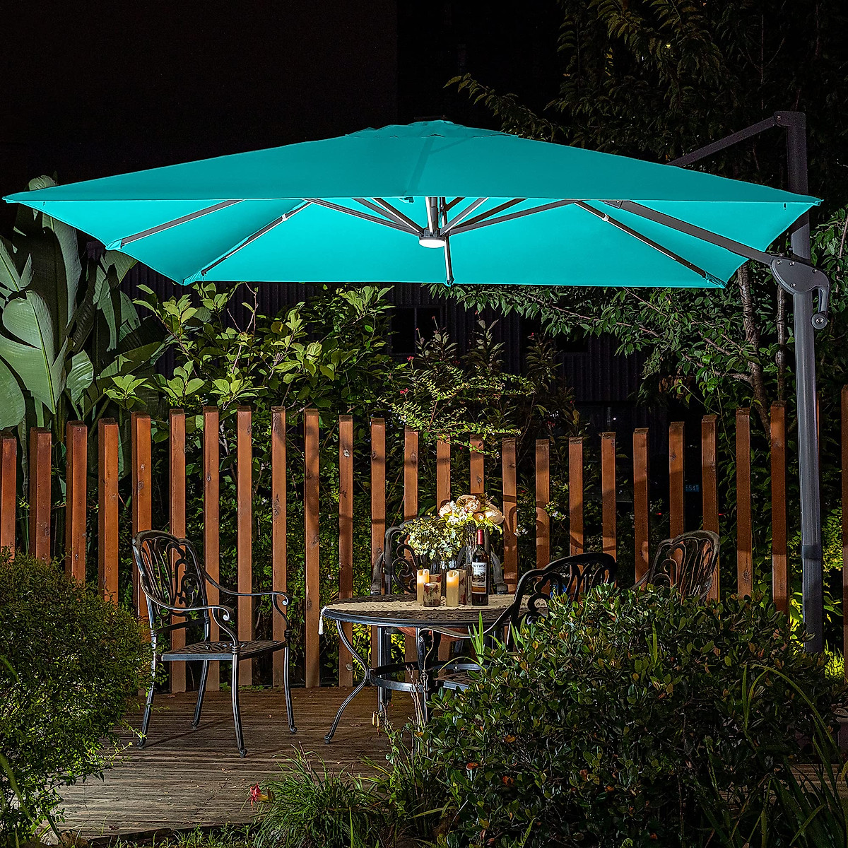 Sunnyglade 10x10ft Solar Powered LED Cantilever Patio Umbrella Square Deluxe Offset Umbrella 360°Rotation & Integrated Tilting System & LED lights for Market Garden Deck Pool Backyard Patio