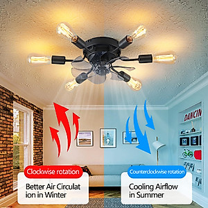 SIJINCHEN Modern Ceiling Fans with Lights Remote Control, Black Industrial Ceiling Fan with Dimmable Light, Low Profile Semi Flush Mount Ceiling Fan for Kitchen Bedroom Living Room, 6 light E26 Base