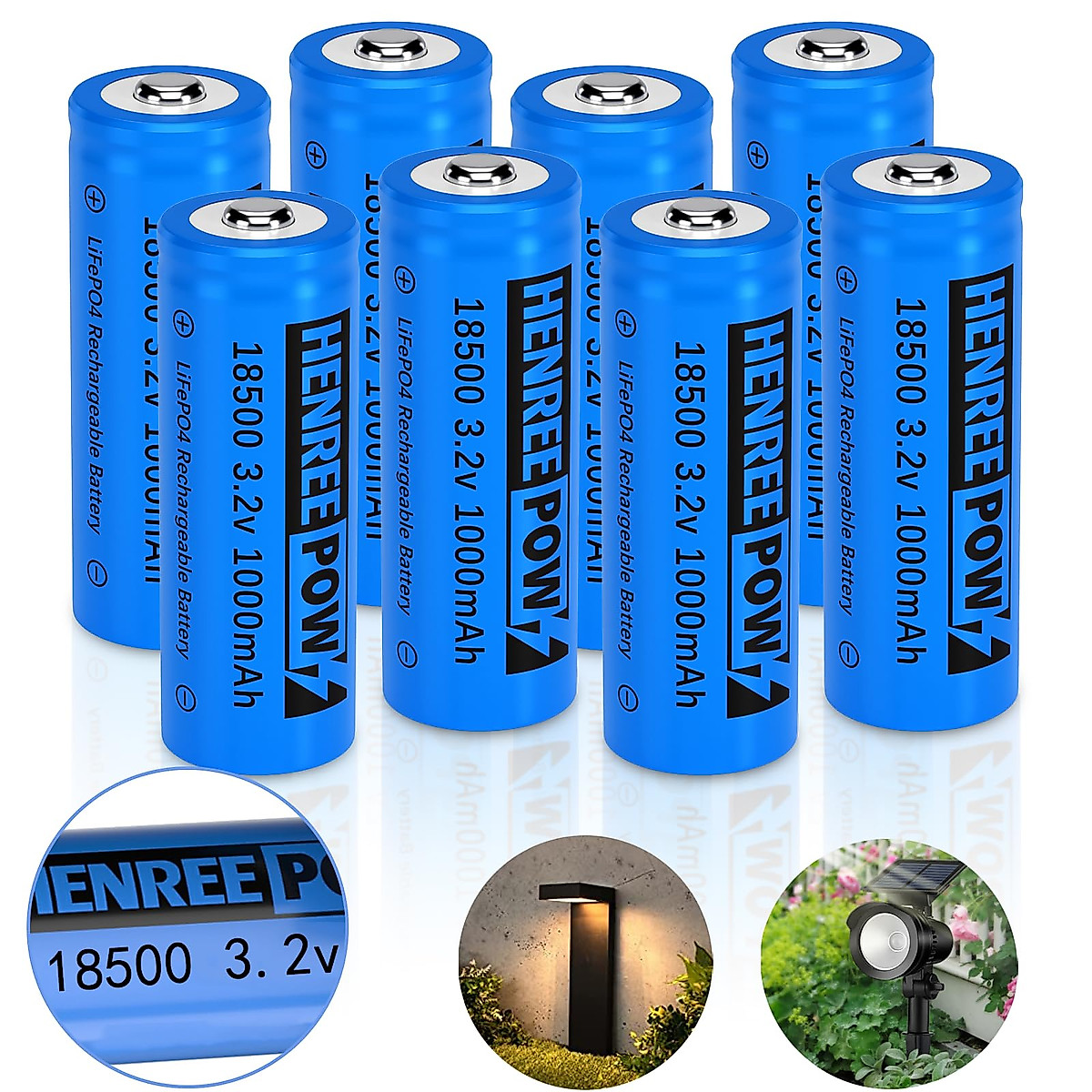 Henreepow 18500 Rechargeable Battery, 3.2v LiFePO4 Lithium Phosphate Battery 1000mAh for Outdoor Garden Solar Lights, Flashlight (8 Pack)