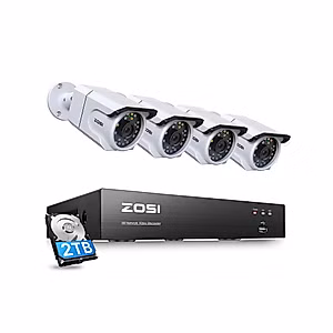 ZOSI 4K Ultra HD Security Camera System,4pcs 8MP IP66 Weatherproof Outdoor Surveillance Bullet Cameras,Color Night Vision,Human Detection,8 Ports 16CH 4K Video NVR with 2TB HDD for 24/7 Recording