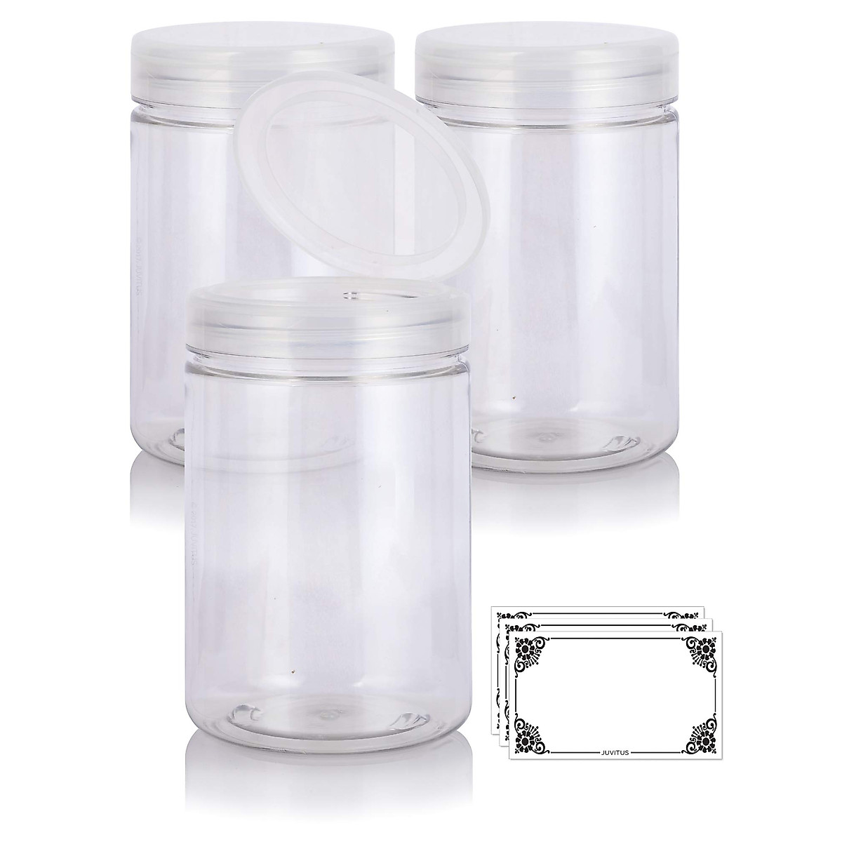 Clear Large 25 oz PET Plastic (BPA Free) Refillable Jar with Clear Natural Flip Top Cap - (3 pack) + Labels