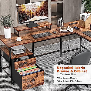 Furologee 66” L Shaped Desk with Power Outlet, Computer Desk with File Drawer & 2 Monitor Stands, Home Office Desk with Storage Shelves, Corner Desk for Gaming Writing, Work Study Table, Rustic Brown