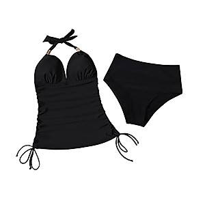 SUUKSESS Women Halter Tankini Bathing Suits Sexy Slimming Tummy Control Swimsuits 2 Pieces (Black, XL)