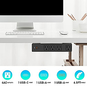 Type-C Under Desk Power Strip, Adhesive Wall Mount Power Strip with USB C Ports, Power Strip Socket Outlet, 4 AC Plug.20W 2 USB-A,1 PD Fast Charging 18W USB-C for Kitchen, Office, Home, Hotel (Black)