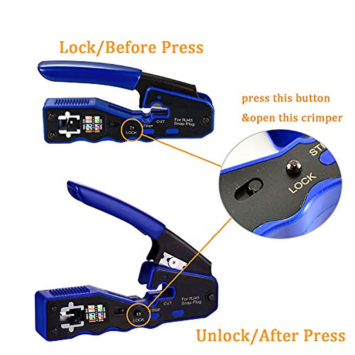 VINET RJ45 Crimp Tool Ethernet Crimping Tool All-in-one Crimper Wire Stripper Cutter For Pass Through Cat6 Cat5e Connectors With Replacement Blades