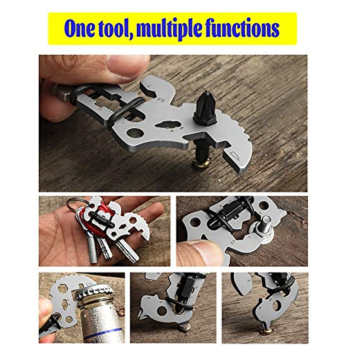 Keychain Multi-tools,Pocket Tool Indoor Outdoor Multifunction Tool Portable Gadget for Bottle Opener, Screwdriver, Wrench, Spoke, 2cr13mov Steel, Rhinoceros Silver