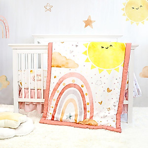 CARUILI Crib Bedding Set for Girls, 4-Piece Pink Baby Crib Bedding Set, Rainbow Crib Sets Includes Comforter, Fitted Crib Sheet, Crib Skirt, and Diaper Stacker