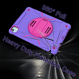 Kids Case for 10.9-inch iPad Air 5th/4th Generation (2022/2020)/iPad Pro 11-inch (2020/2018) with Built-in Screen Protector, 360° Rotating Stand, Hand Strap & Three Layer Cover (Purple + Hot Pink)