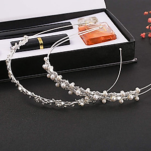 Pangda 2 Pieces Rhinestone Bridal Crystal Women's Headband Wedding Flower Girl Pearl Diamond Slim Thin Silver Flower Leaves Crown Hair Band Accessories Headpiece Tiara for Bride Bridesmaids