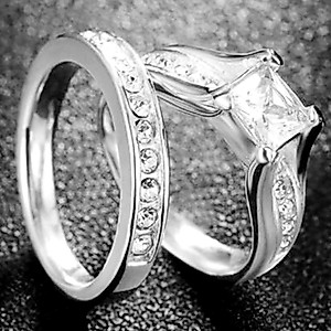 Stainless Steel Princess Cut Wedding Engagement Anniversary Statement Bridal Halo Ring Set (Silver, 8.5)