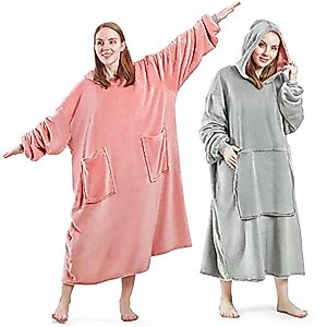 Homde Wearable Blanket, Oversized Blanket Hoodie, Gifts for Women and Men, Super Big Size Fits All, Cozy Sweatshirt Blanket with Sleeves and Pocket, Double-Sided Wearable, Two-Color (Pink & Grey)