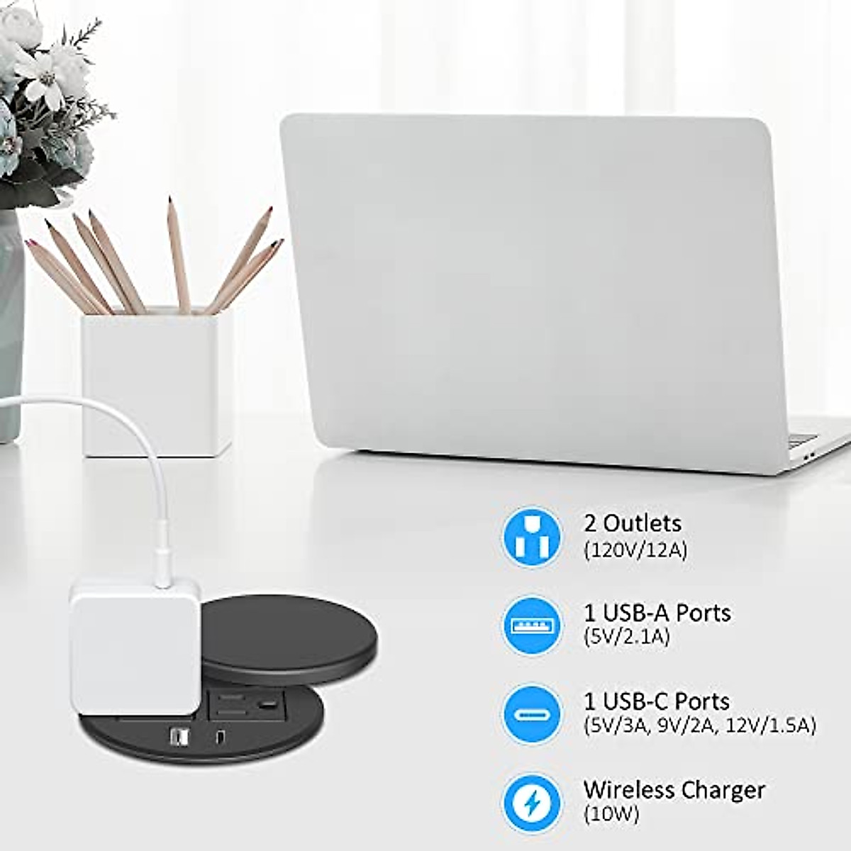 3 inch Desk Power Grommet with Wireless Charger,18W USB C Recessed ...